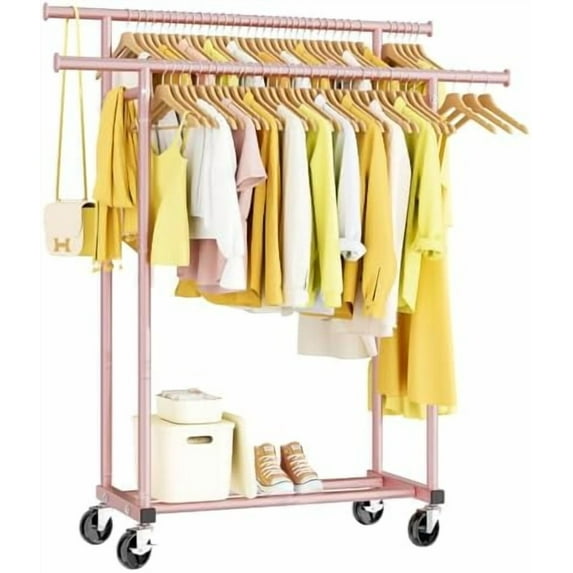 Double Rods Clothes Rack, Sturdy Rolling Clothing Rack, Portable ...