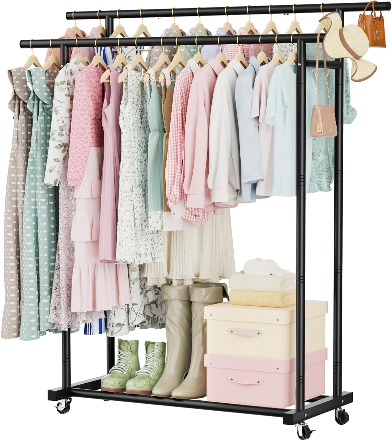Double Rods Clothes Rack for Hanging Clothes, Clothing Rack with Wheels ...
