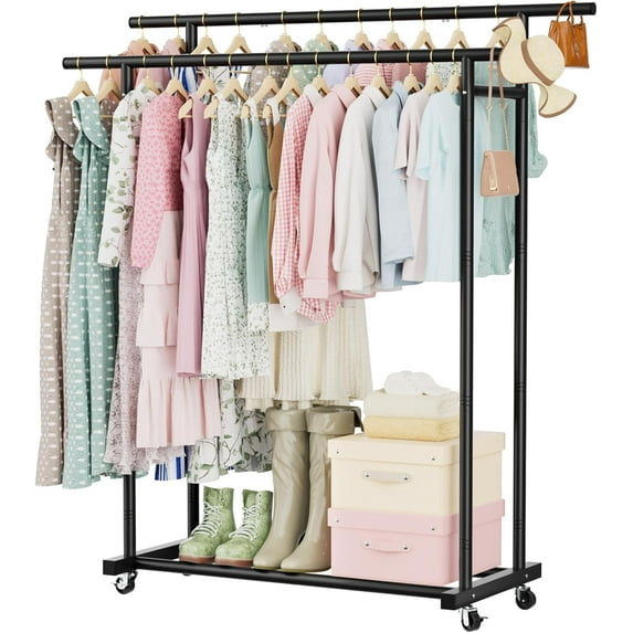 Double Rods Clothes Rack for Hanging Clothes, Clothing Rack with Wheels ...