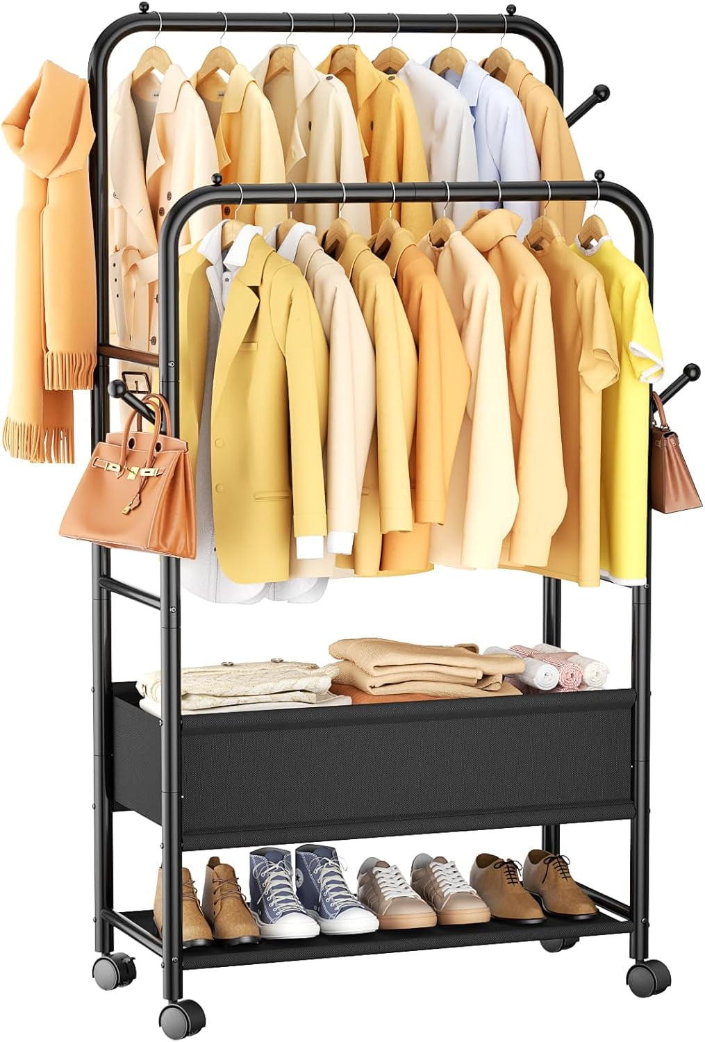 Double Rods Clothing Garment Rack with Wheels and 3-Tier Storage Shelf ...