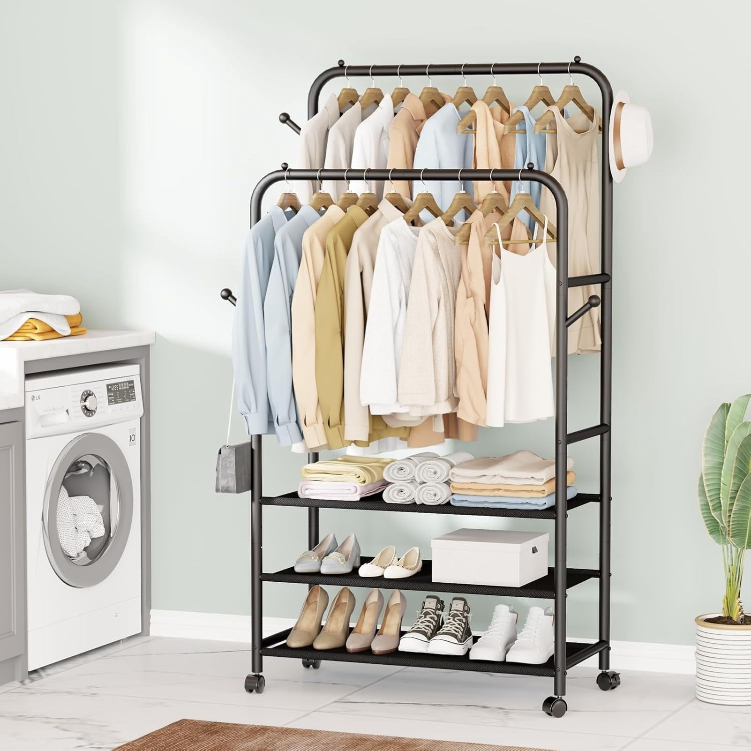 Double Rods Clothing Garment Rack with Wheels and 3-Tier Storage Shelf ...