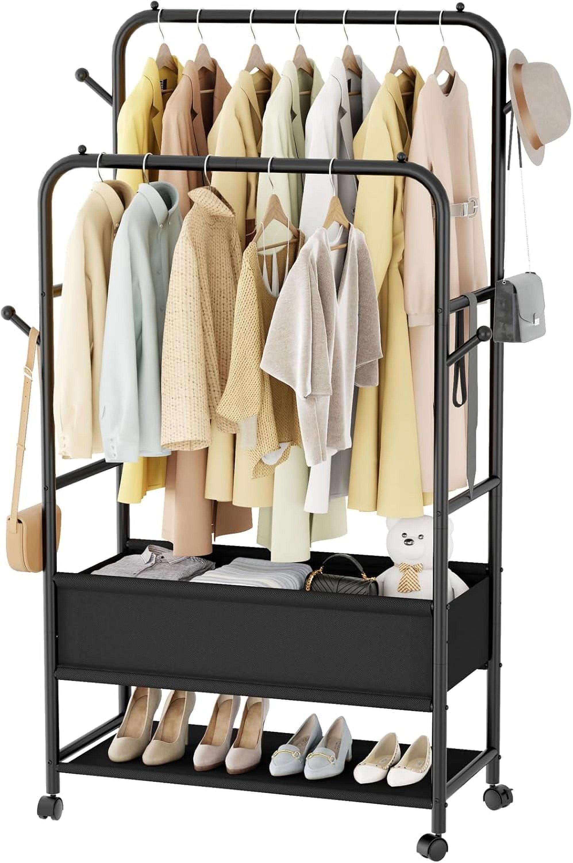 Double Rods Clothing Garment Rack with Wheels and Storage Box, Clothing ...