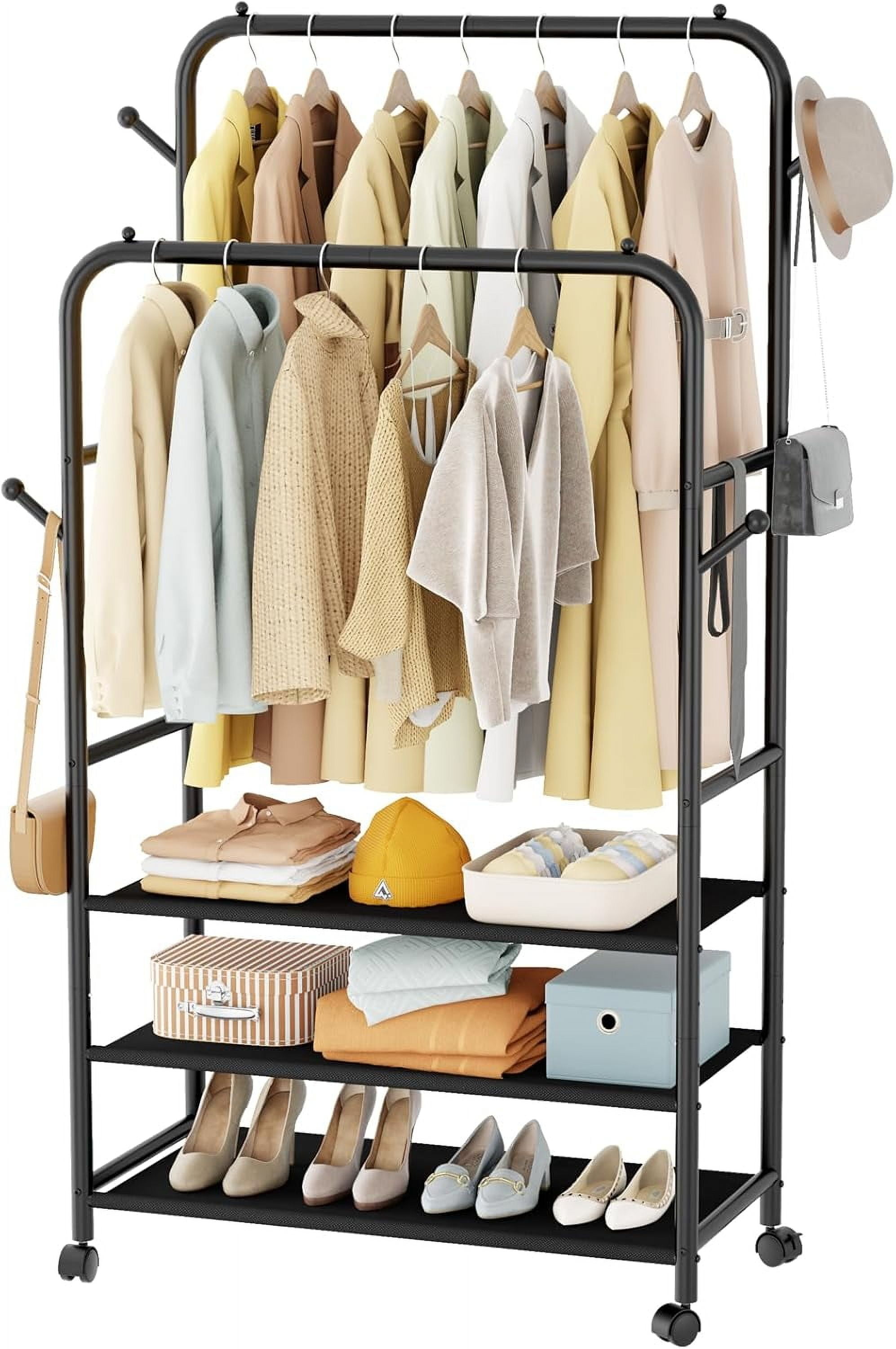 Double Rods Clothing Rack with Wheels and 3-Tier Storage Shelf, Clothes ...
