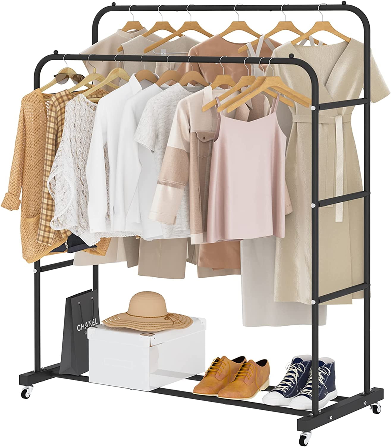 Double Rods Clothing Rack with Wheels, Garment Rack for Hanging Clothes ...