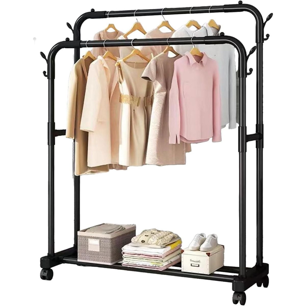 Double Rods Garment Rack with Wheels, Clothing Rack for Hanging Clothes ...