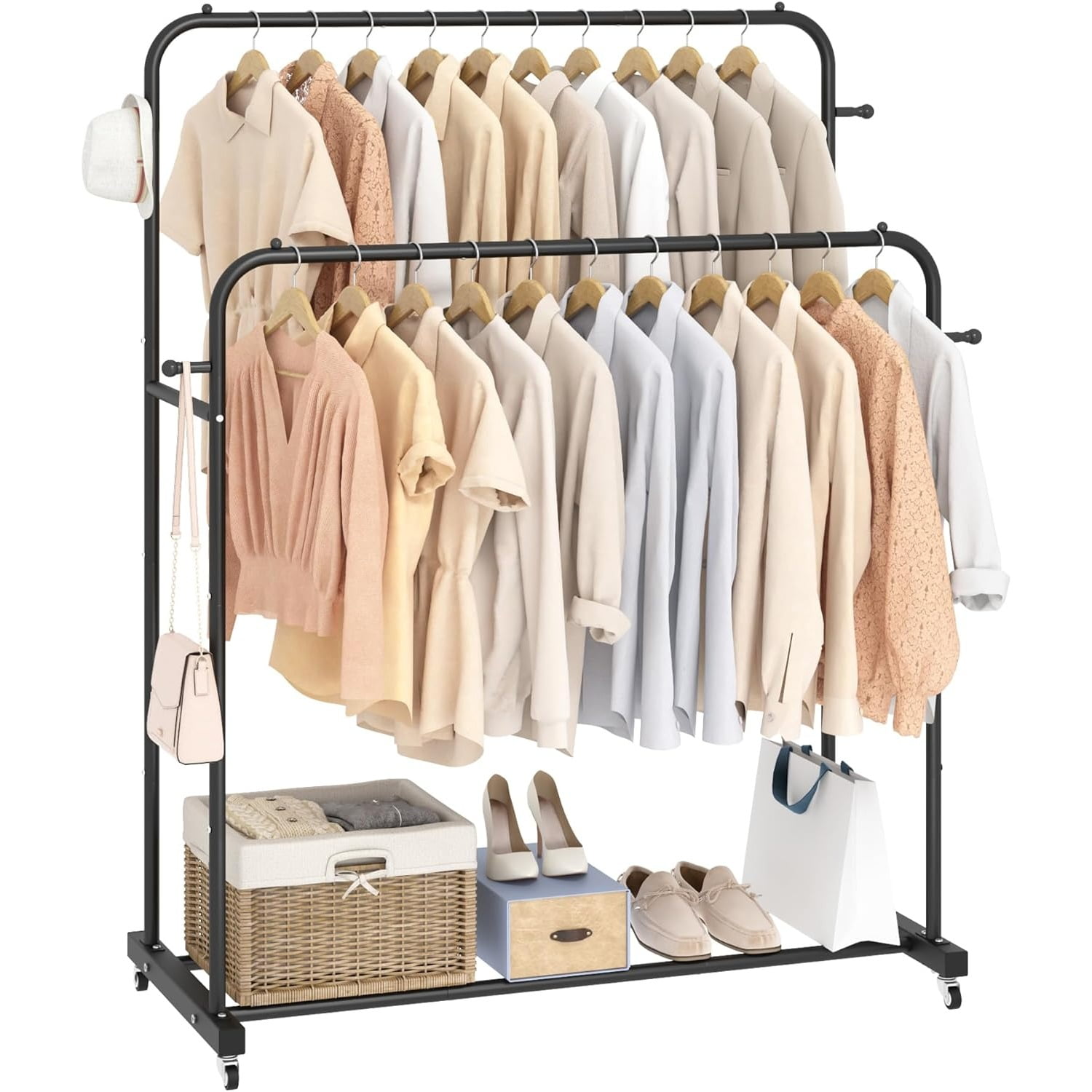 Double Rods Garment Rack with Wheels, Clothing Rack for Hanging Clothes ...