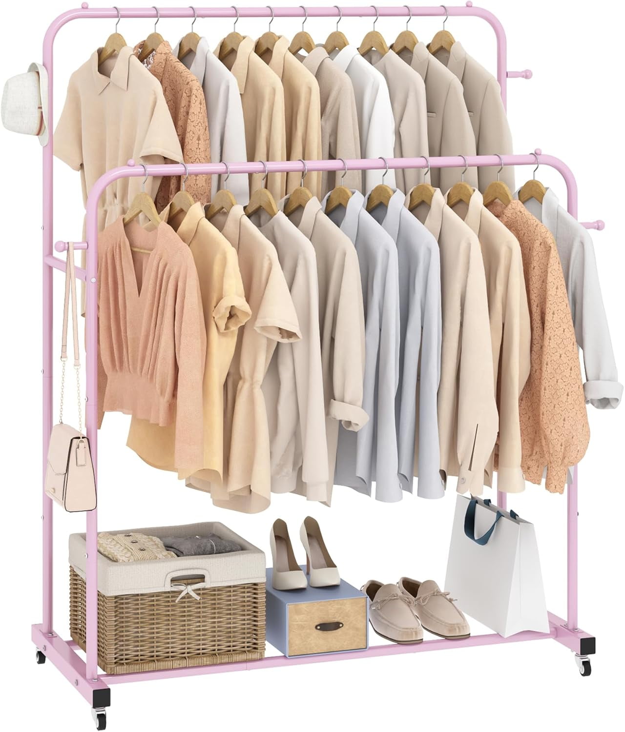 Double Rods Garment Rack with Wheels, Clothing Rack for Hanging Clothes ...