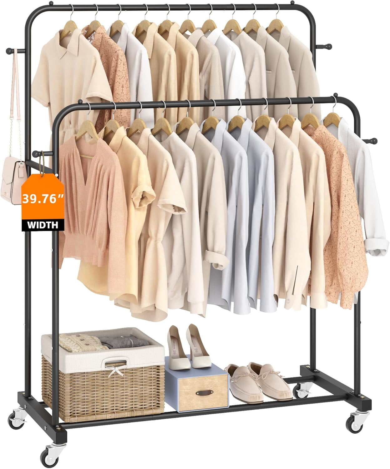 Double Rods Garment Rack with Wheels, Clothing Rack for Hanging Clothes ...