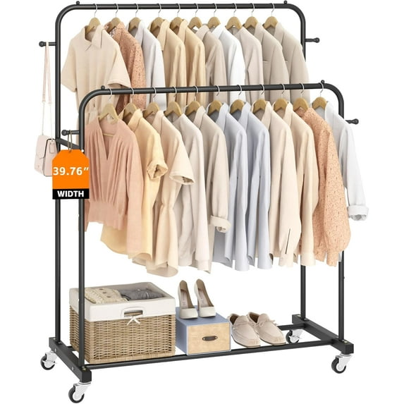 Double Rods Garment Rack with Wheels, Clothing Rack for Hanging Clothes ...
