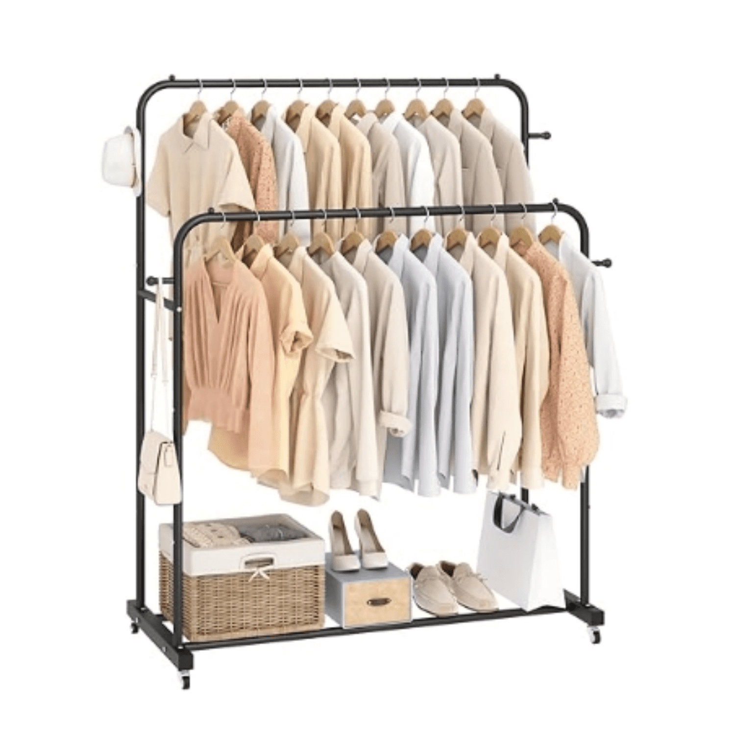 Double Rods Garment Rack with Wheels, Clothing Rack for Hanging Clothes ...