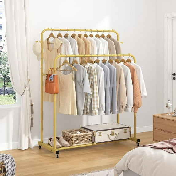 Double Rods Movable Garment Shelf with Wheels abd 4 Hooks,for Hanging ...