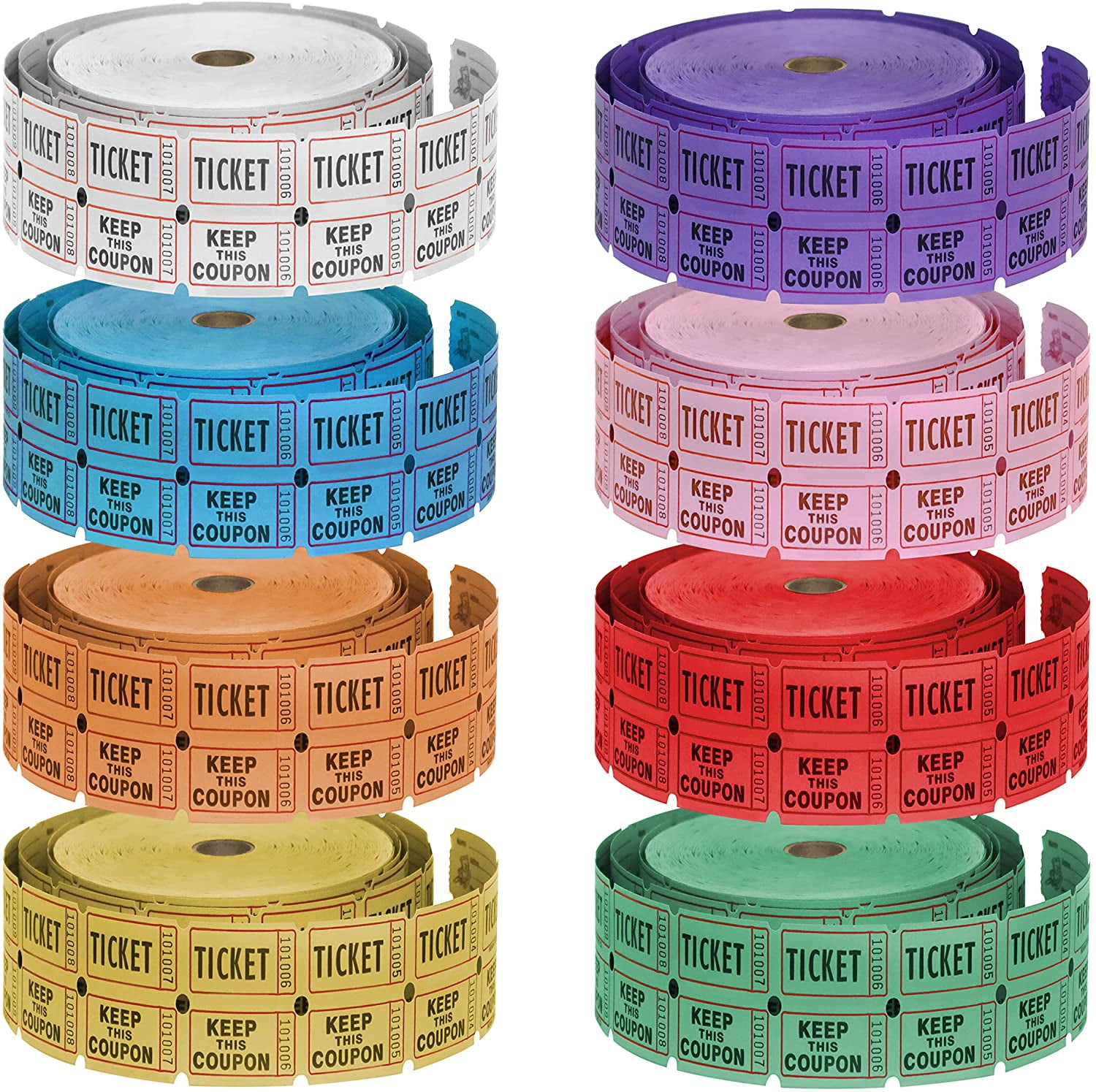Double Roll Raffle Ticket - Set of 8 Colors (8 Rolls of 2000 Tickets ...