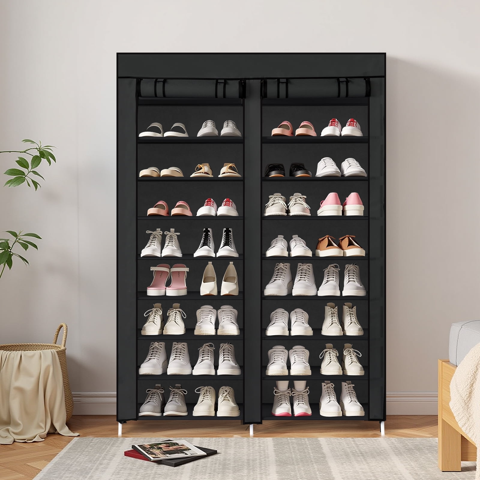 Double Row 10-Tier Non-Woven Fabric Shoe Cabinet with Iron Pipes and ...