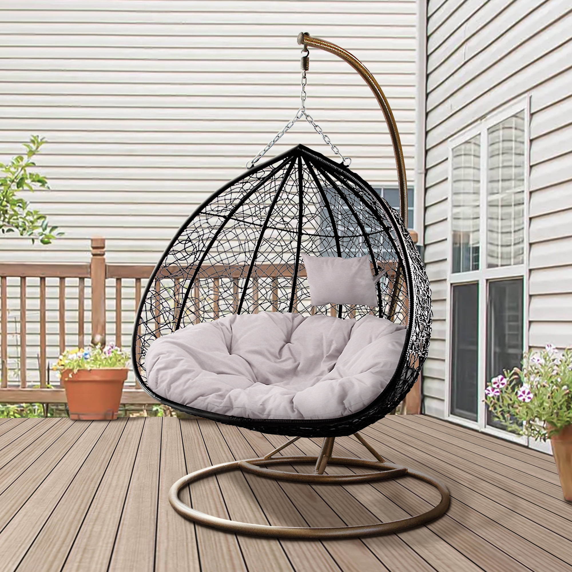 Double Seats Outdoor Wicker Swing with Gray Cushion & Frame Outdoor ...