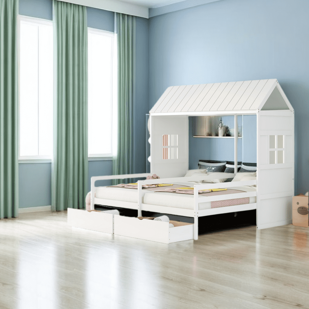 Double Shared Bed,Twin Size House Platform Beds with Two Drawers for ...