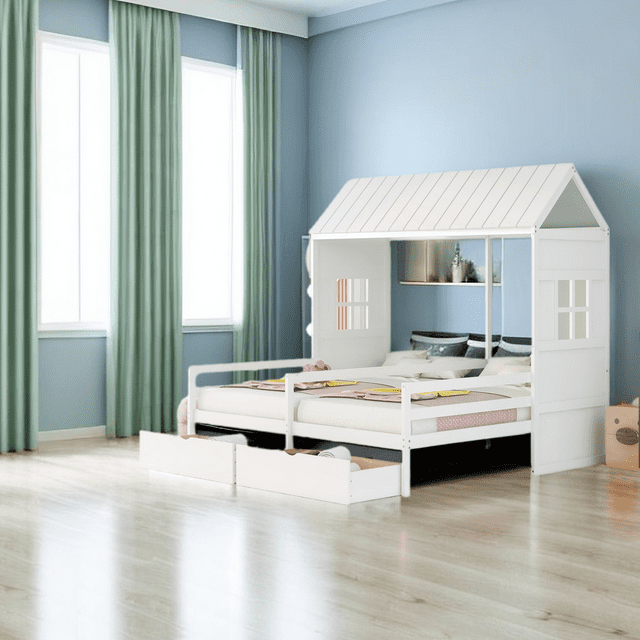 Double Shared Bed,Twin Size House Platform Beds with Two Drawers for ...