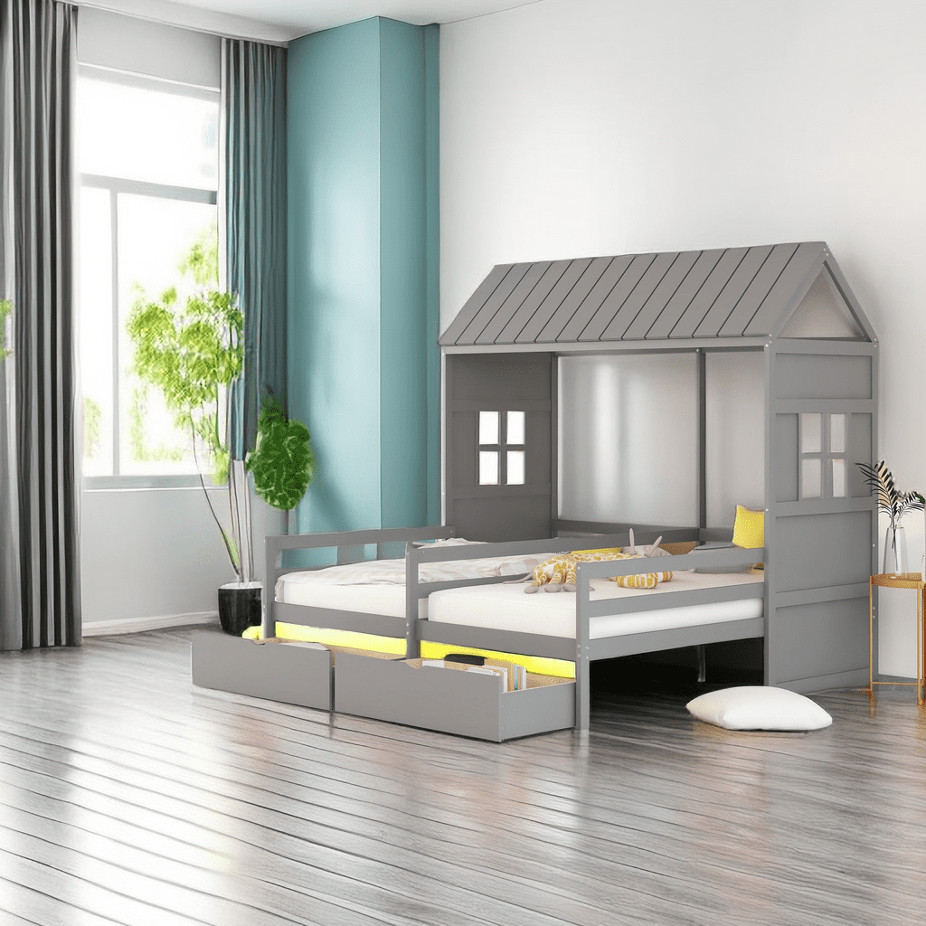 Double Shared Bed,Twin Size House Platform Beds with Two Drawers for ...