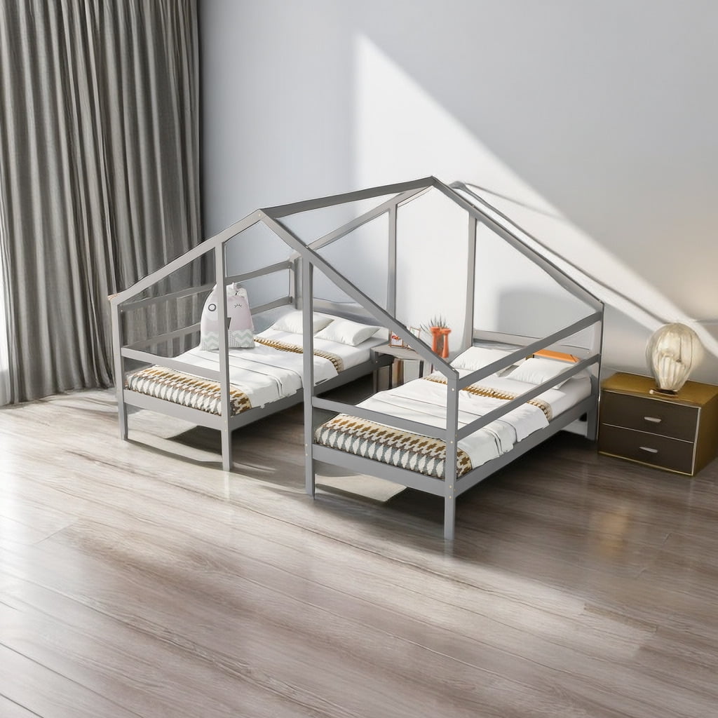Double Shared Twin Size Triangular House Beds, Solid Wood 2 in 1 Bed ...