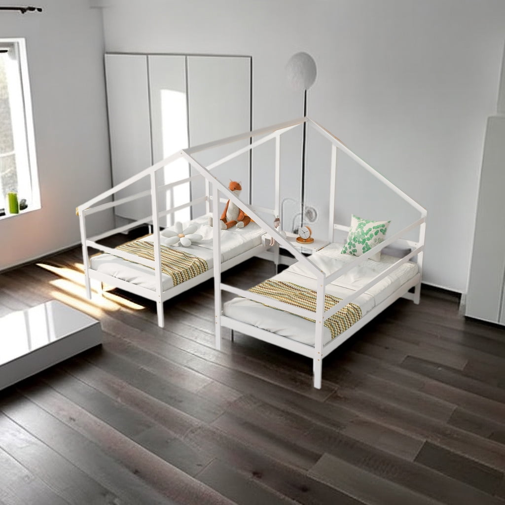 Double Shared Twin Size Triangular House Beds, Solid Wood 2 in 1 Bed ...