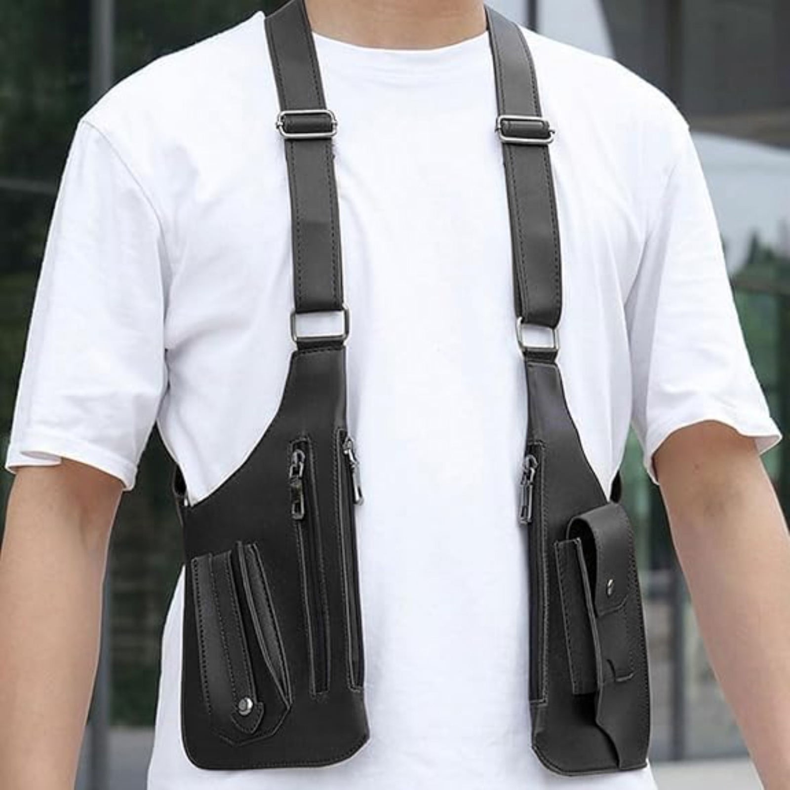 Double Shoulder Armpit Leather Bag For Men Double Shoulder Strap Pocket ...
