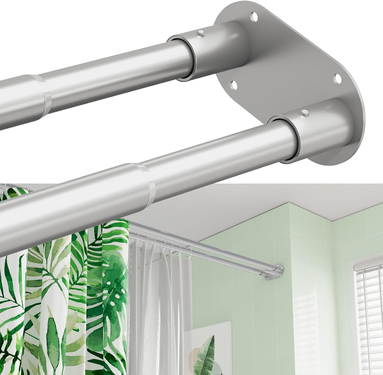Double Shower Curtain Rod, 28-76 Inches Adjustable Wall Mounted Double ...