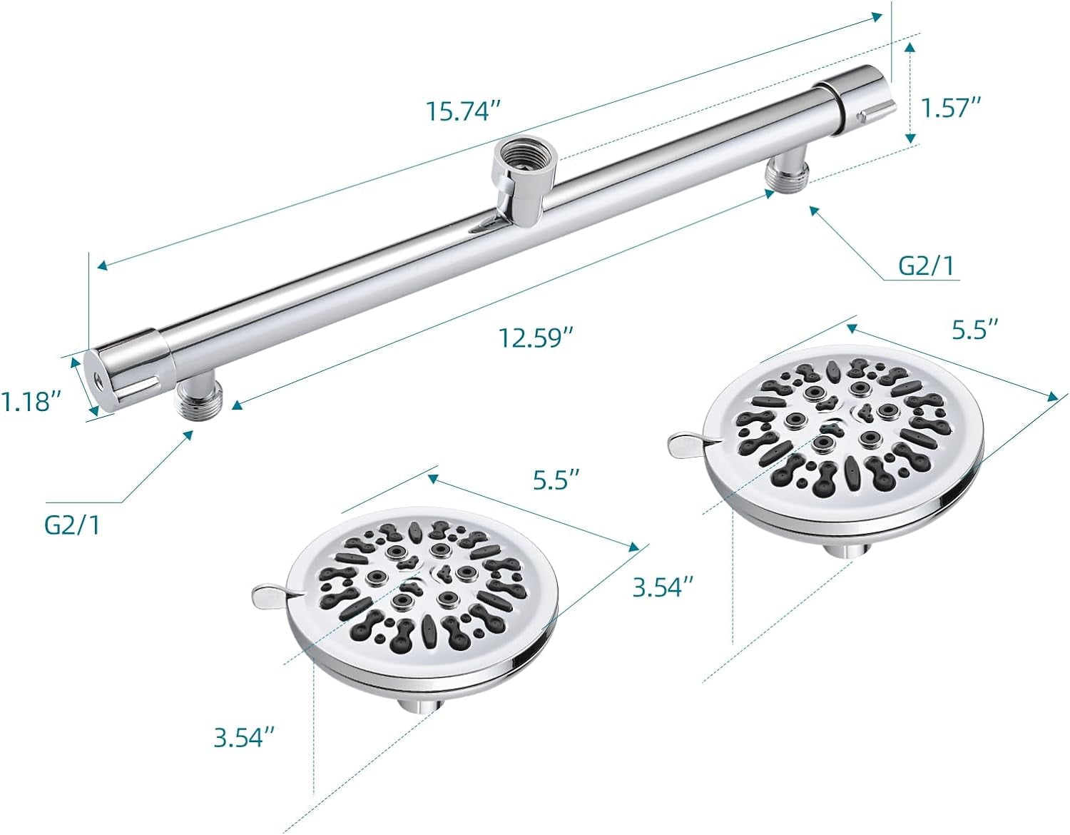 Double Shower Head with Built-in 2 Shut Off Valve Shower Splitter, High ...