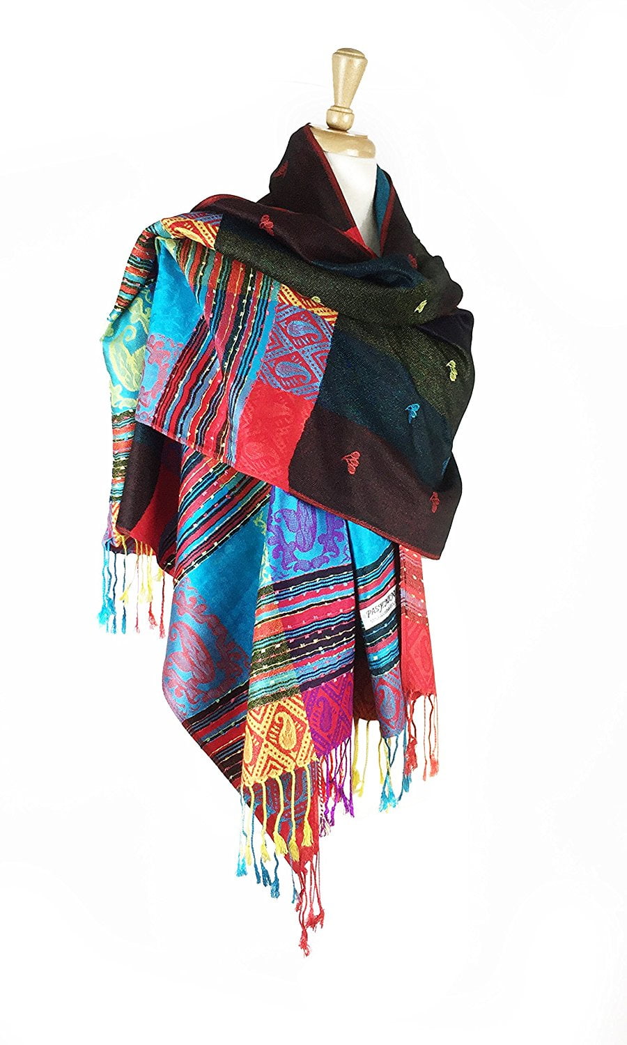 Silky Long Rainbow Pashmina Scarf with Fringes, Double Side Exotic Wrap ...
