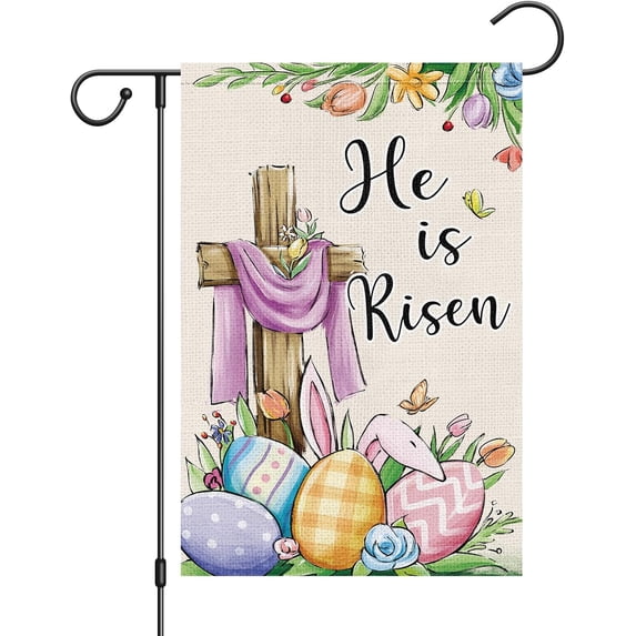 Double Sided 12x18 Inch Easter Burlap Garden Flag He Is Risen Religious ...