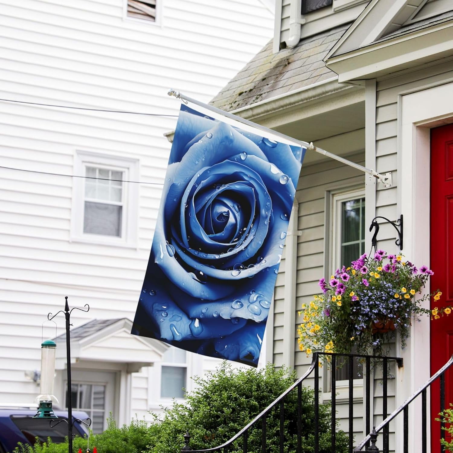 Double Sided Beautiful Blue Rose Illustration Garden Yard Flags ...