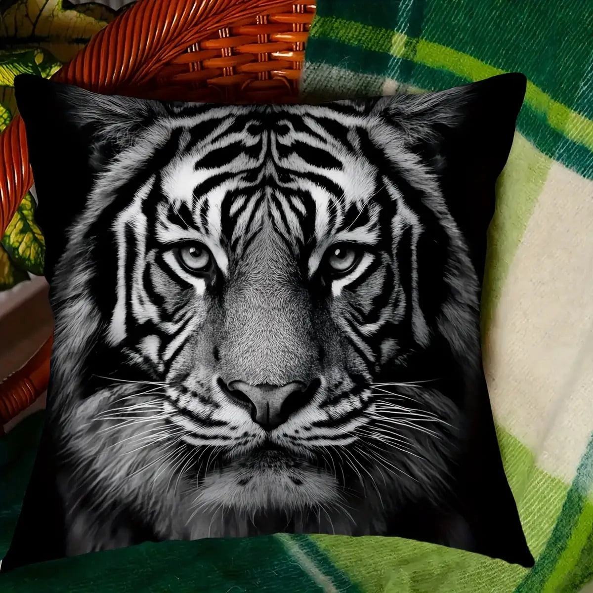 Double-Sided Black & White Tiger Face Pillow Cover, Soft Plush Animal ...