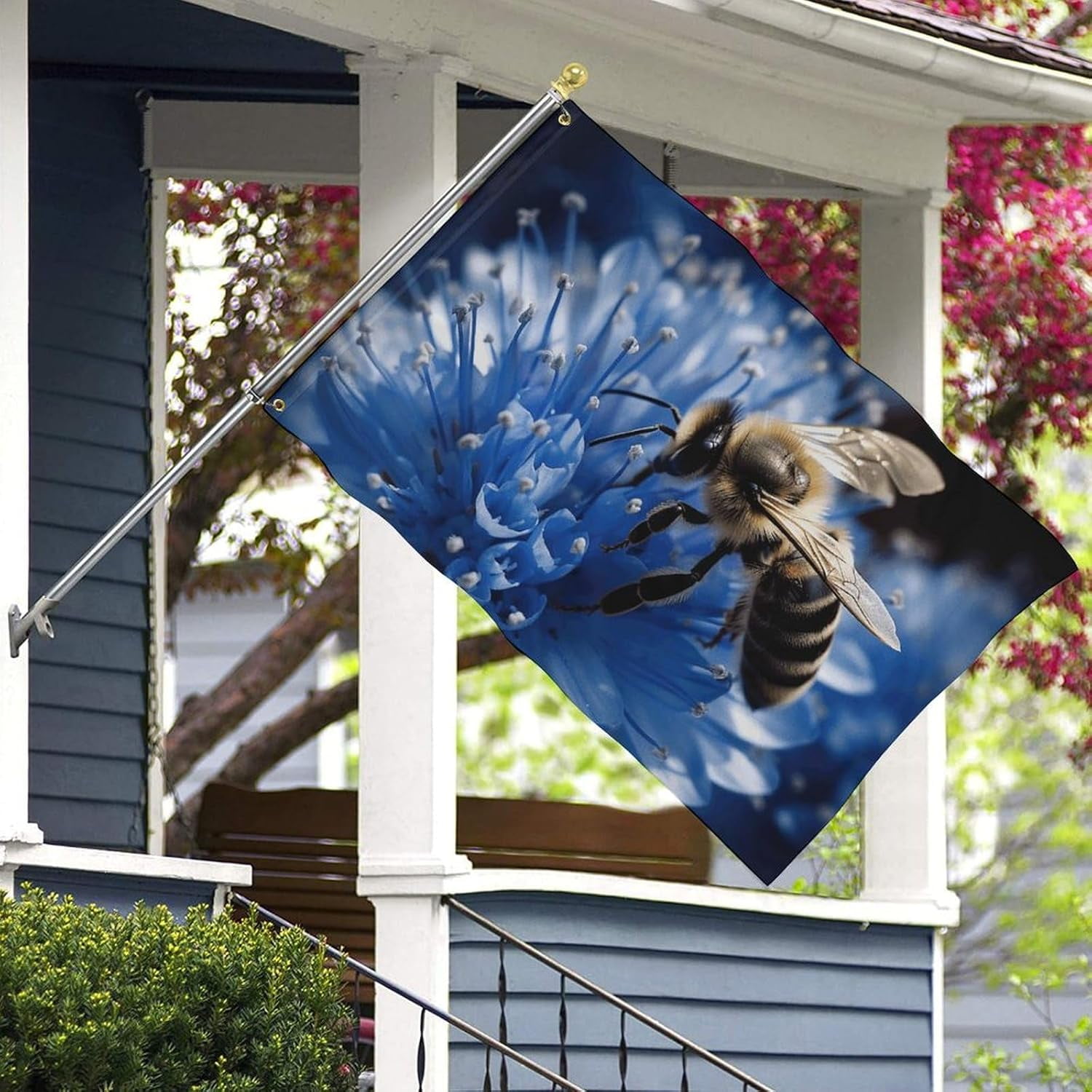 Double Sided Blue Flower Bee Garden Yard Flags in Greeting Banner Fade ...