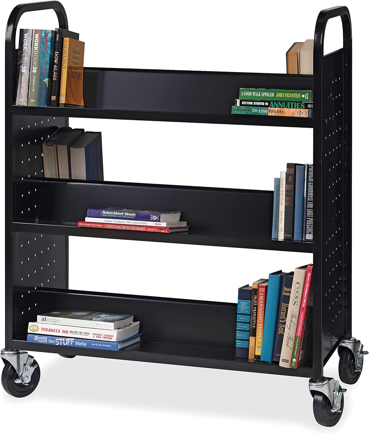 Double-Sided Book Cart with 6 Sloped Shelves and Locking Casters ...