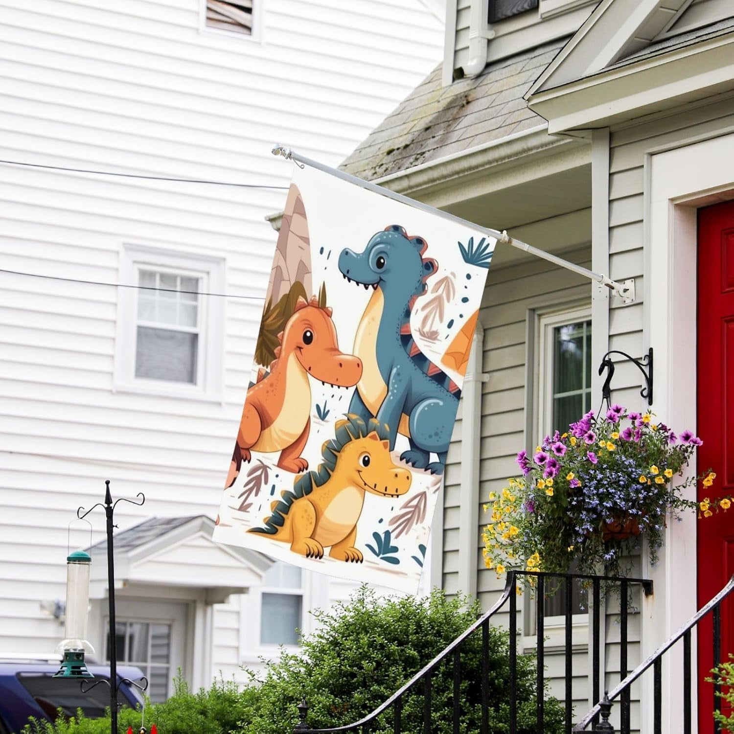 Double Sided Cartoon Dinosaur Garden Yard Flags Greeting Banner Fade ...