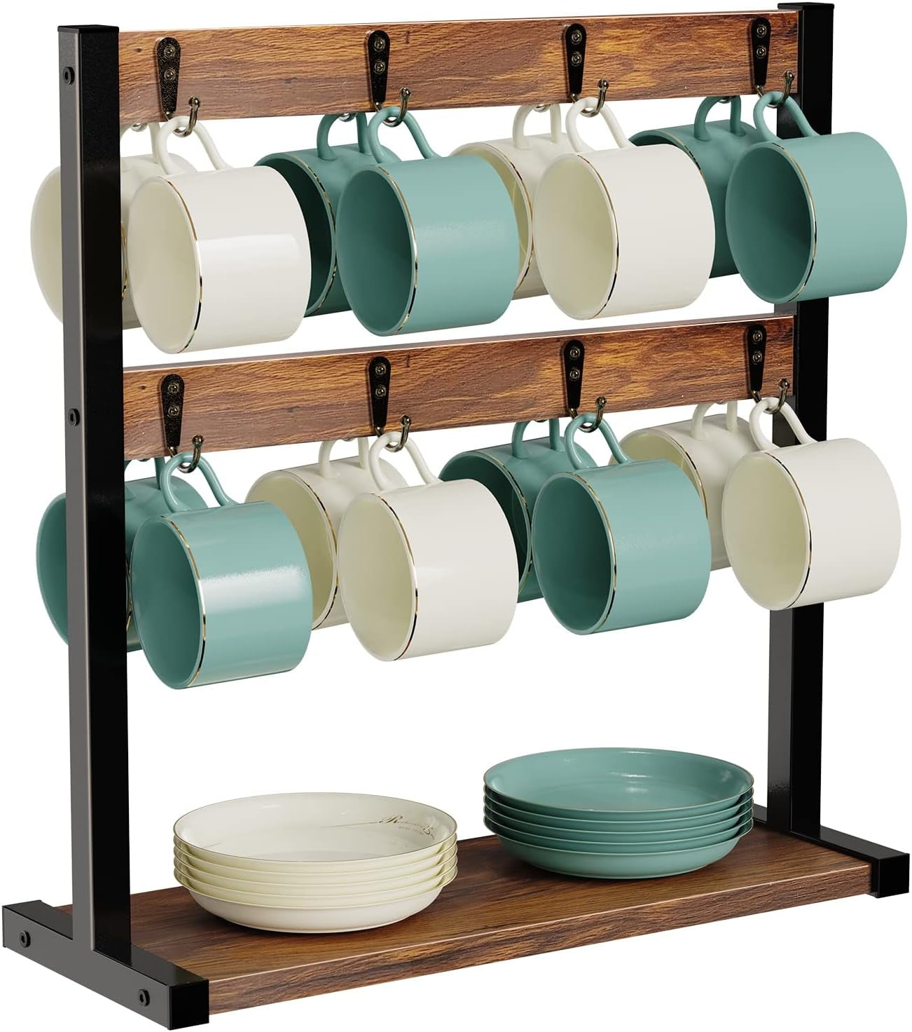 Double Sided Coffee Mugs Rack: Kitchen Cup Holder Stand with 16 Hooks ...