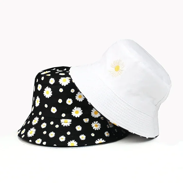Double-Sided Daisy Embroidery Bucket Hats Women Men Hip Hop Panama Bob ...