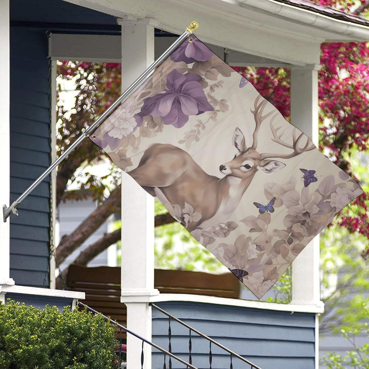 Double Sided Deer Birds with Flowers Garden Yard Flags in Greeting ...