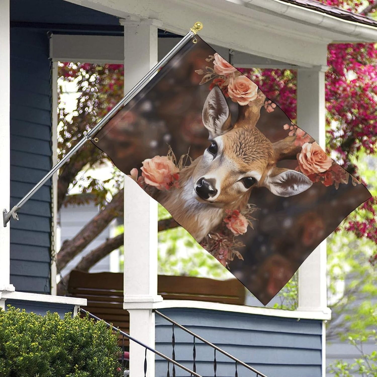Double Sided Deer Wearing Flowers Garden Yard Flags in Greeting Banner ...