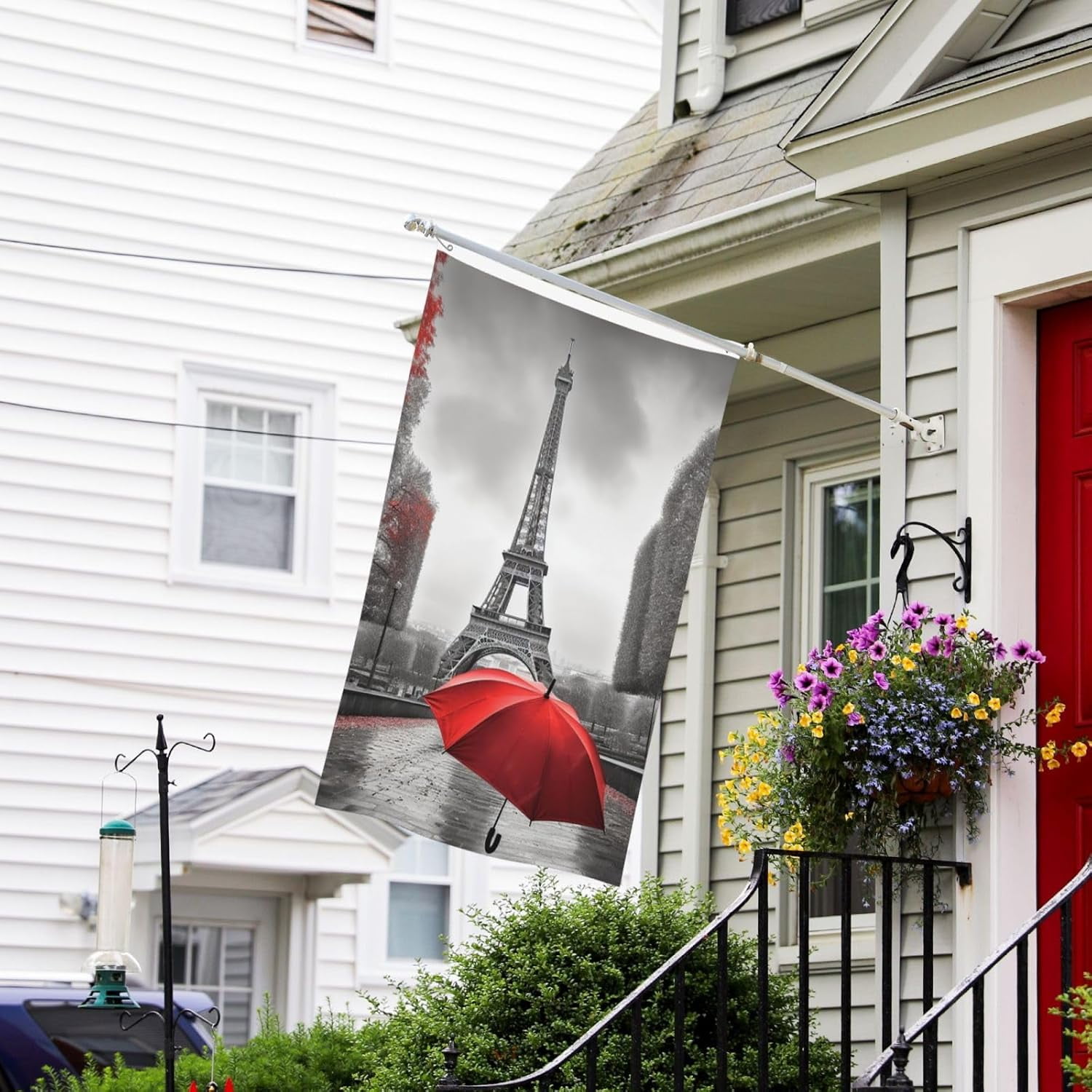 Double Sided Eiffel Tower With Red Umbrella Garden Yard Flags Greeting ...