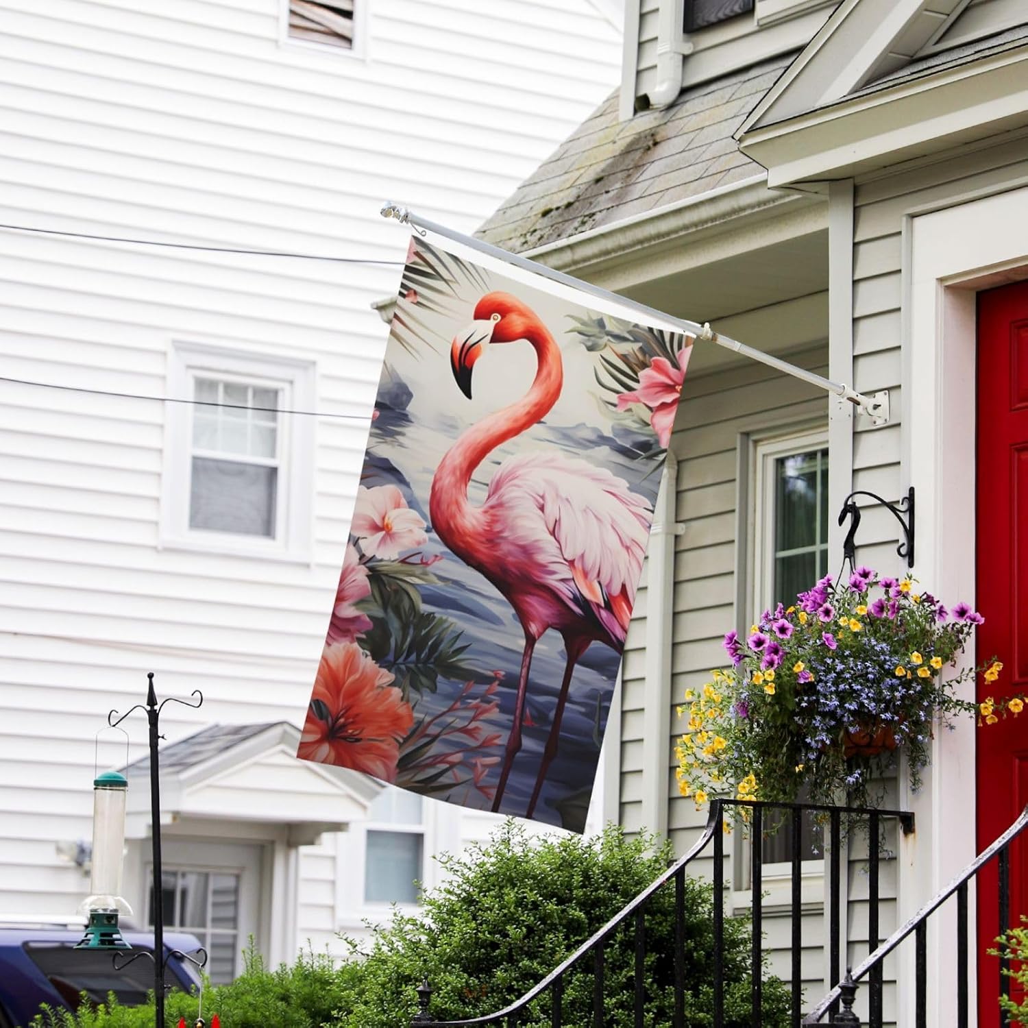 Double Sided Flamingo And Flowers Garden Yard Flags Greeting Banner ...
