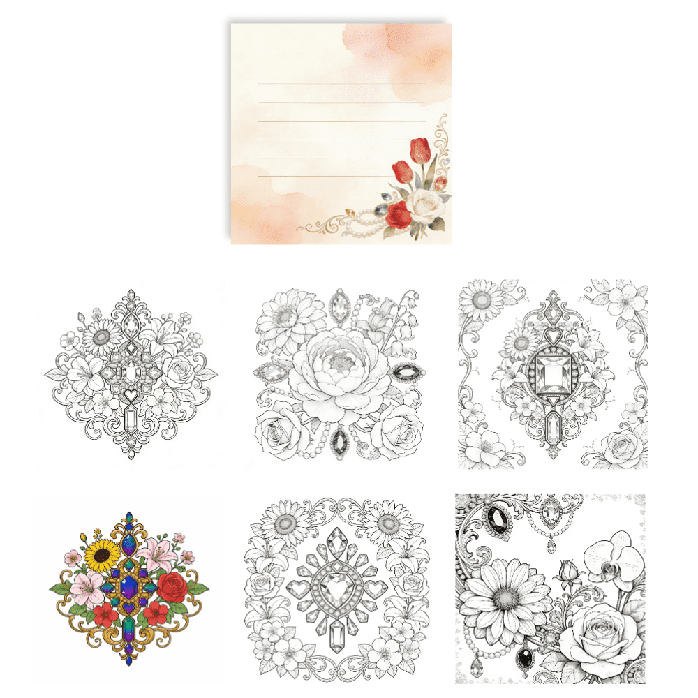 Double-Sided Floral Gem Coloring Memo Pads (100 Pcs) - Original Unique ...