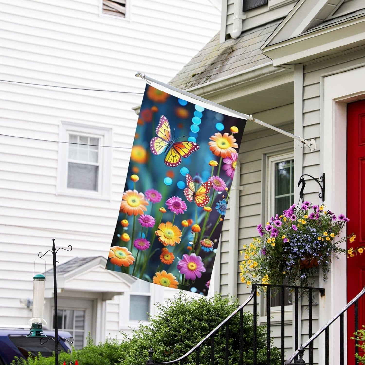Double Sided Flowers And Butterflies Garden Yard Flags Greeting Banner ...