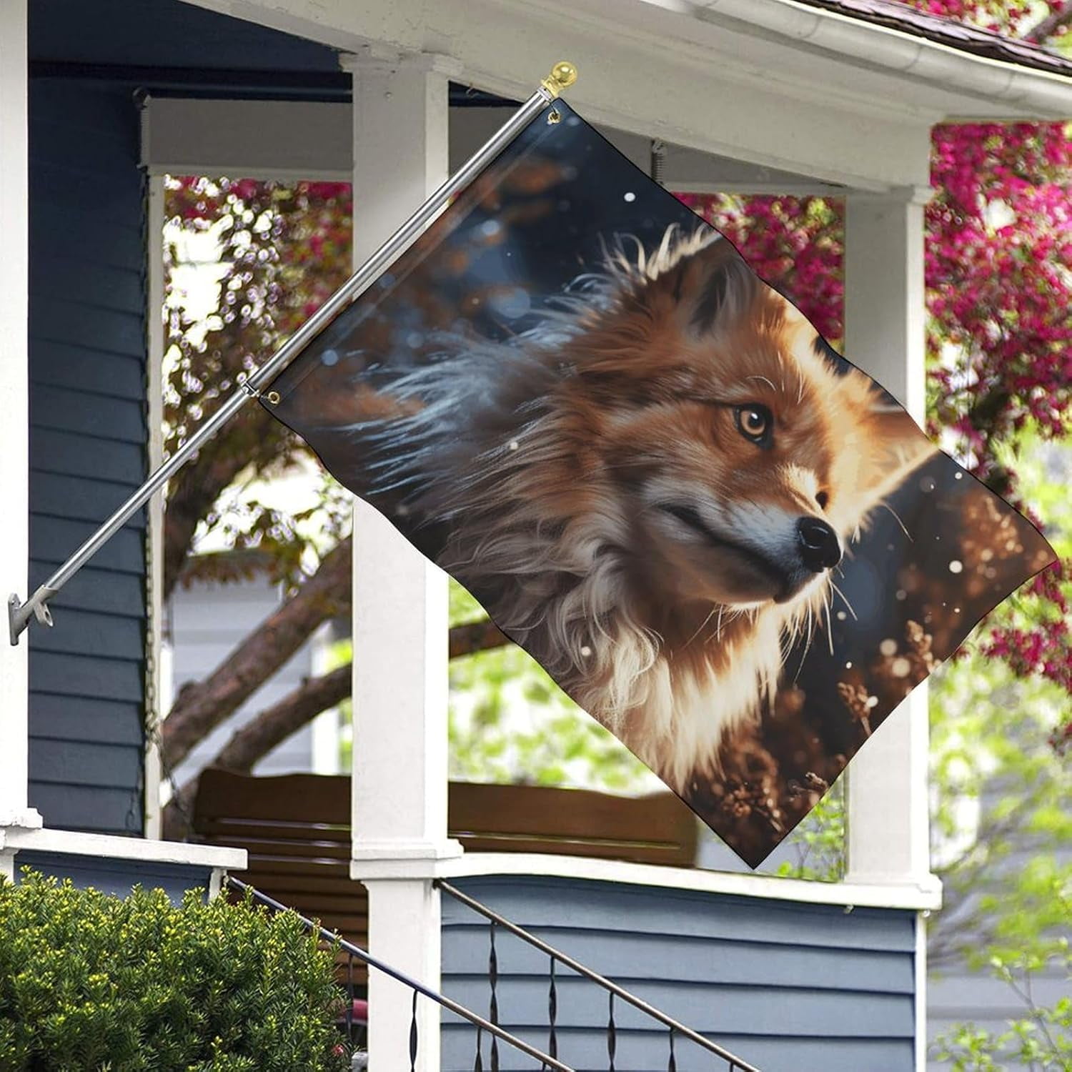 Double Sided Fox Looking Up Garden Yard Flags in Greeting Banner Fade ...