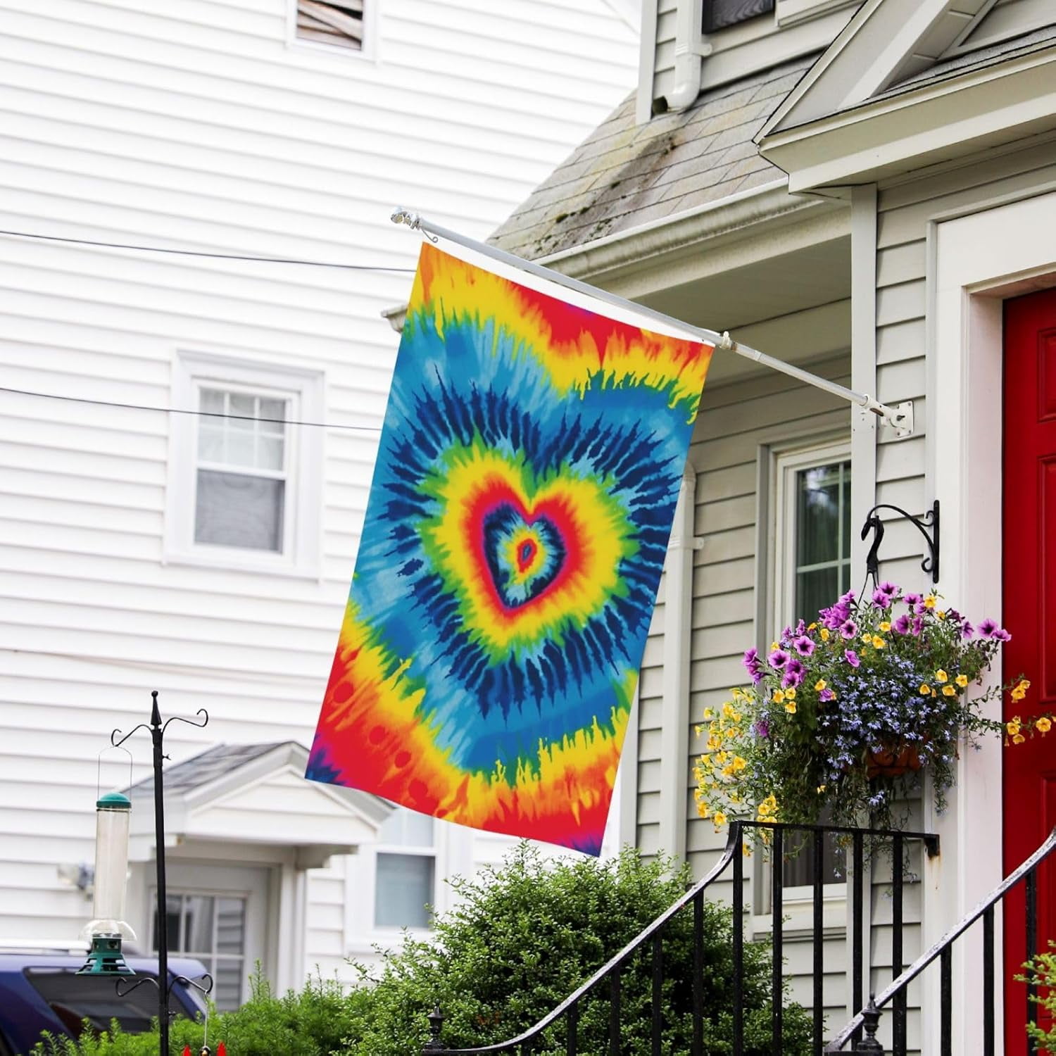 Double Sided Heart Rainbow Tie-Dyed Garden Yard Flags Greeting Banner ...