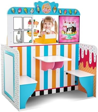 Double-Sided Ice Cream Parlor Playset for Kids, Wooden Pretend Diner ...