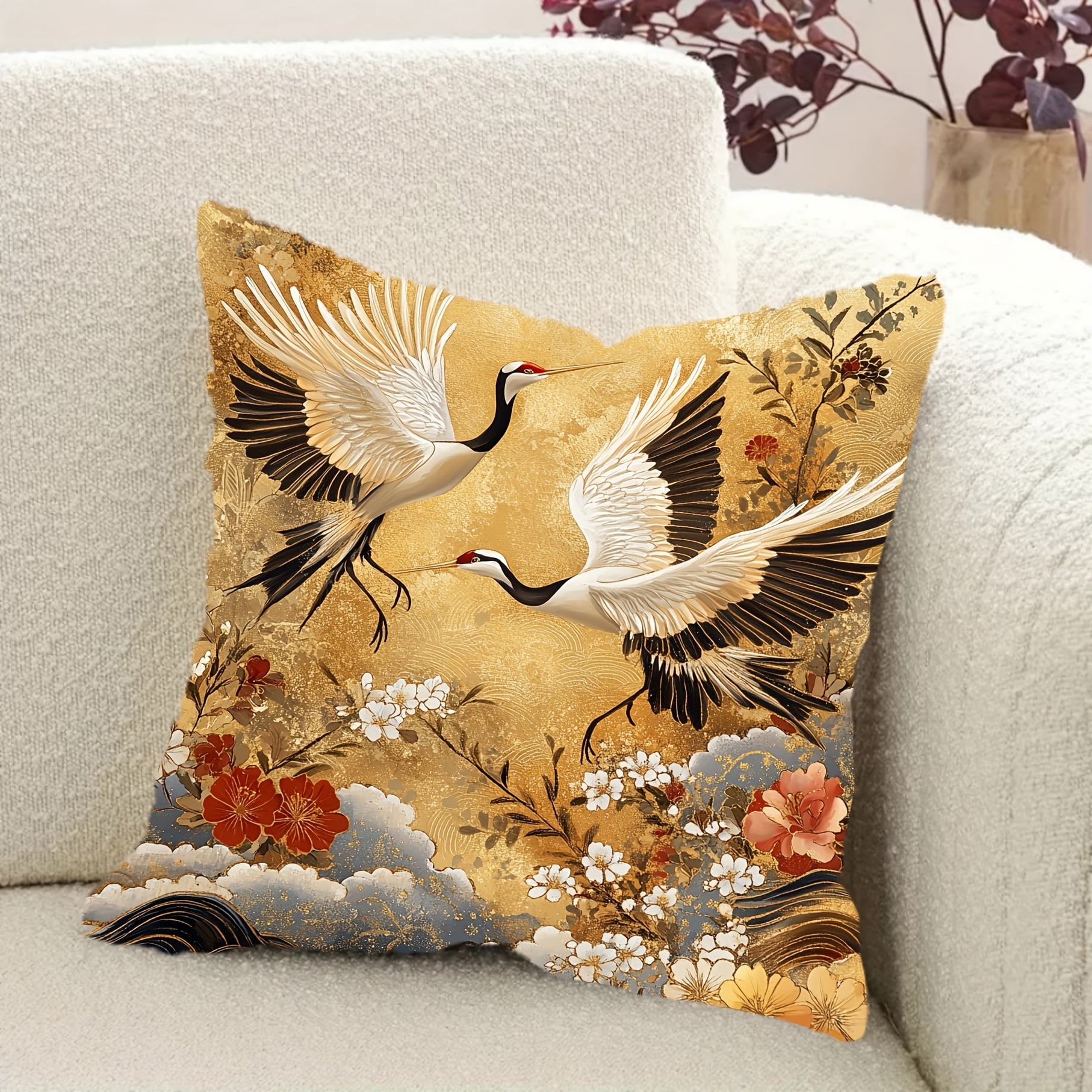 Double-Sided Japanese Bohemian Crane Pillow Cover, Golden Bird & Cherry ...