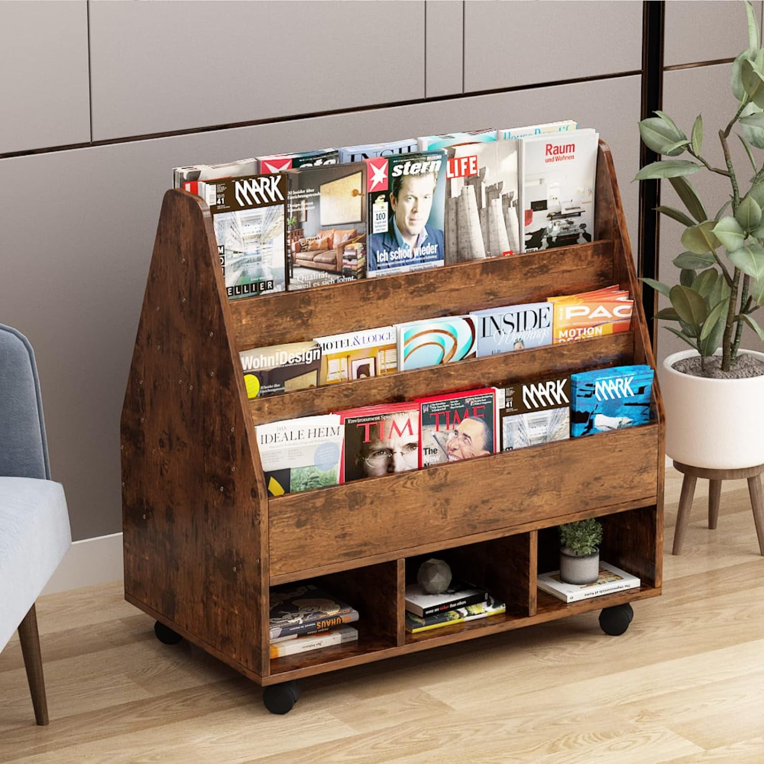 Double Sided Mobile Bookcase Display Stand,4-Shelf Wood Open Book Shelf ...