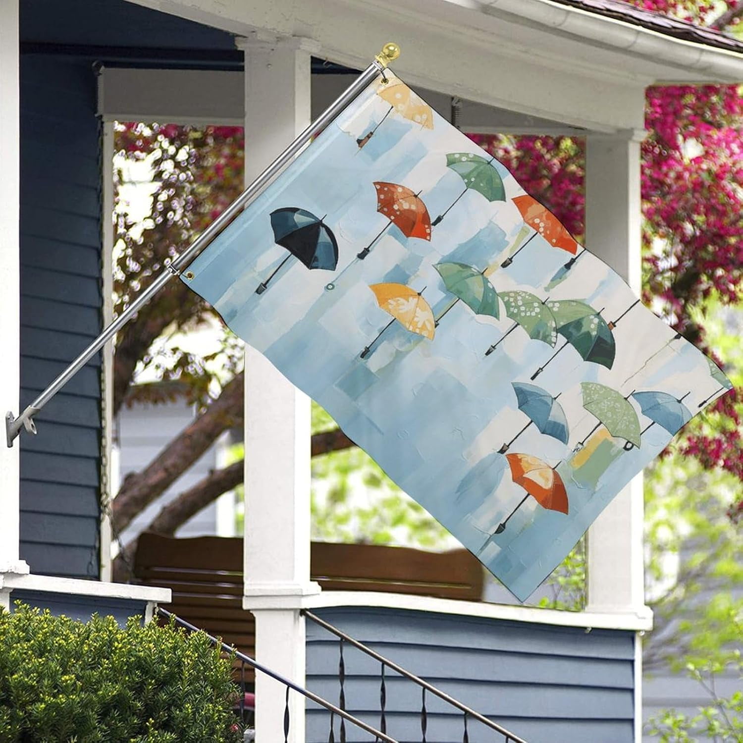Double Sided Oil Painting of Umbrellas Garden Yard Flags in Greeting ...