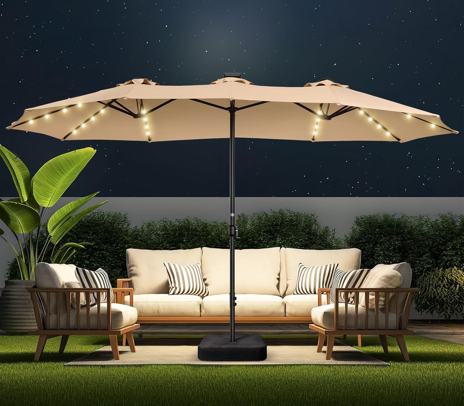Double Sided Patio Umbrellas - 15ft Solar Lights LED Lighted Outdoor ...