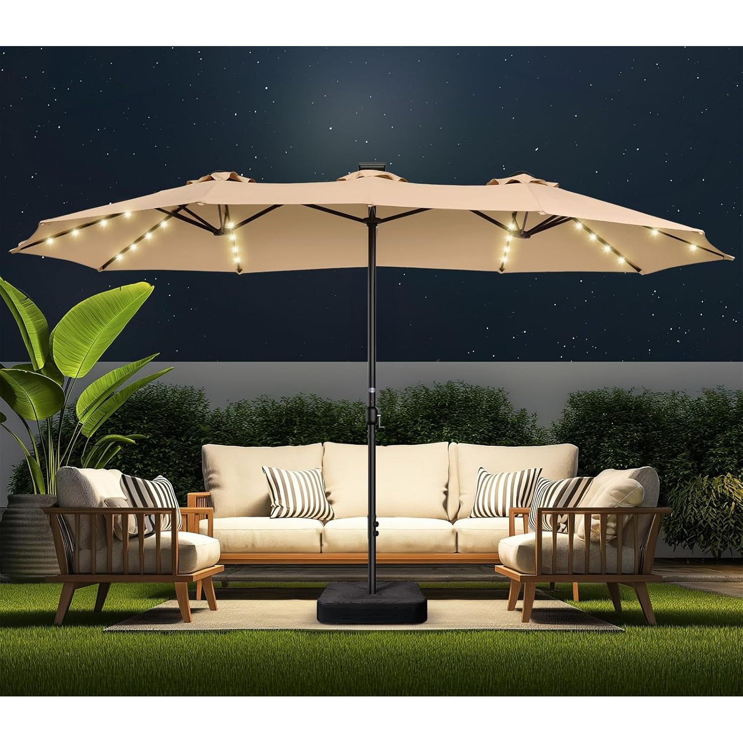 Double Sided Patio Umbrellas - 15ft Solar Lights LED Lighted Outdoor ...
