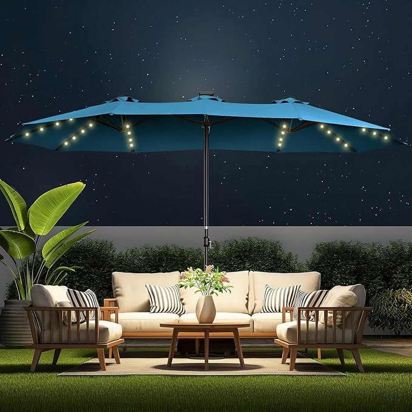 Double Sided Patio Umbrellas - 15ft Solar Lights LED Lighted Outdoor ...